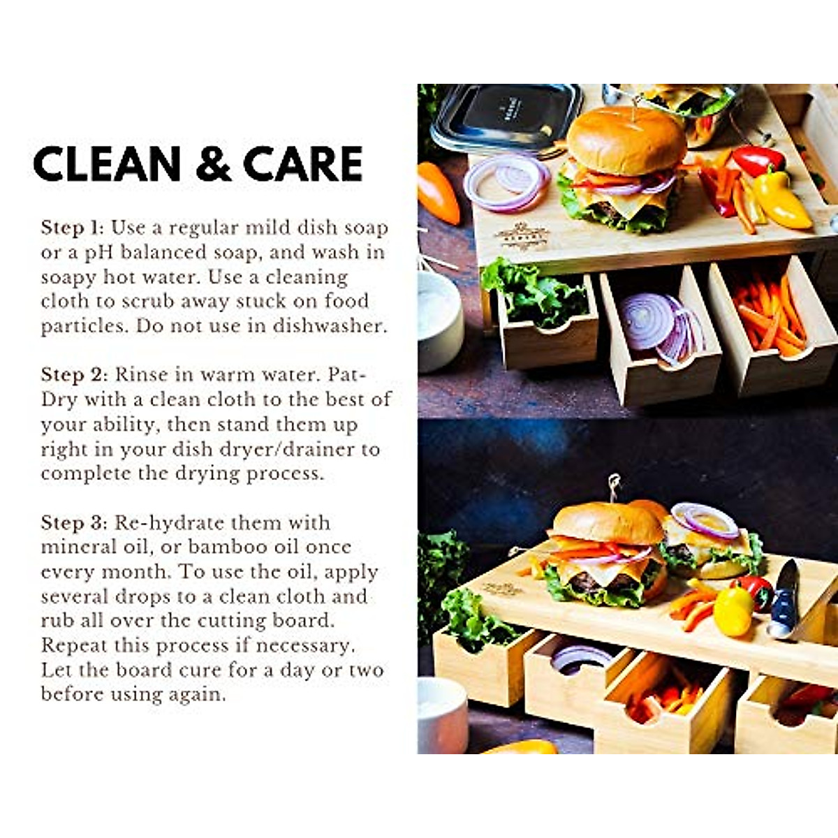 ecozoi Bamboo Cutting Board with 4 Slide Out Drawers with 4 Bamboo Lids for Easy Storage, Non Slip Meal Prep Station, Chopping Board, Wooden Butcher Block with Juice Groove and 2 Bonus Graters