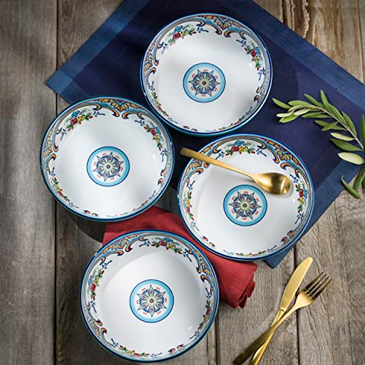 Euro Ceramica Zanzibar Double Bowl 16-Piece Dinnerware Set | Fine Kitchenware | Floral Multicolor Design Stoneware Tableware Service For 4