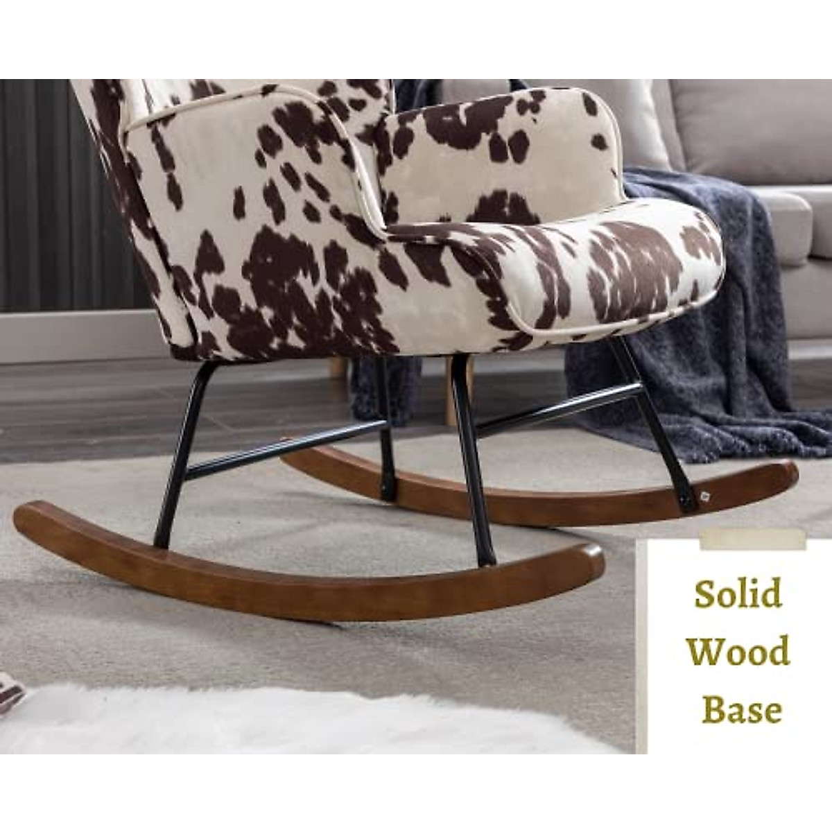 EALSON Nursery Rocking Chair Fabric Upholstered Rocker Chair Tufted Wingback Accent Chair with Wooden Base Modern Comfy Lounge Armchair for Bedroom Living Room, Cow