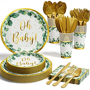 Ecomore Sage Greenery Baby Shower Party Supplies - 175 PCS Boho Neutral Disposable Dinnerware Set (25 Guest) with OH Baby Paper Plates Napkins Cup Plastic Fork Knives Spoon for Boy Girl Birthday Party