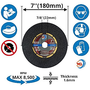 WA 10PACK - 7”x1/16"x7/8" Cutting Wheel for Metal & Stainless Steel, Cut-Off Discs Used On Angle Grinder, Diameter 7 inch, Arbor 7/8 inch, Aggressive Cut