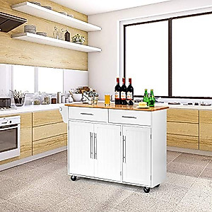 Giantex Kitchen Island Cart Rolling Storage Trolley Cart with Lockable Castors, 2 Drawers, 3 Door Cabinet, Towel Handle, Knife Block for Dining Room Restaurant Use (White)