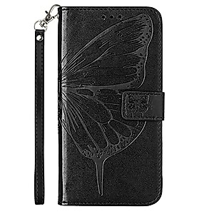 ONV Wallet Case for Oppo Reno 6 Pro 5G - Butterfly Embossed Phone Case with Card Holder Lanyard Stand Case Leather Magnetic Closure Flip Cover for Oppo Reno 6 Pro 5G [by] -Black
