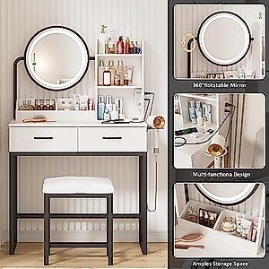 Makeup Vanity with Round Mirror and Lights, White Vanity Makeup Table with Charging Station, Small Vanity Table for Bedroom, 3 Lighting Modes, 31.5in(L)