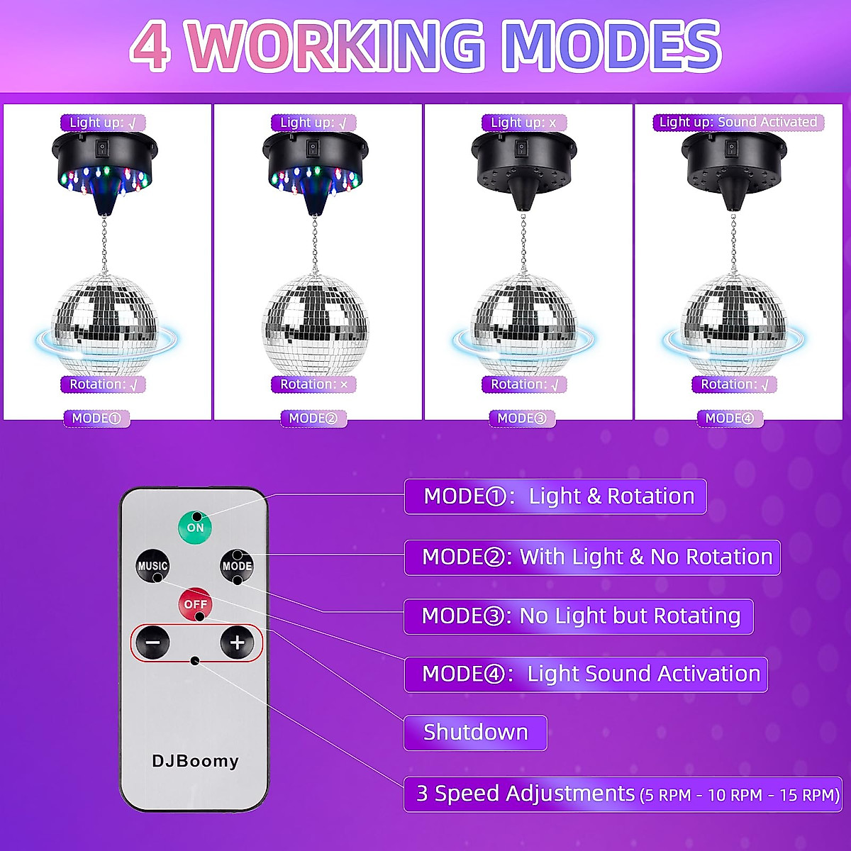 DJBoomy Rotating Disco Ball Motor Light with Remote: 3-Speed Adjustable Mirror Ball Spinner Plug in or Battery Operated - 18RGBW Led Light Up 4 6 8 12 inch Party Disco Balls Rotator