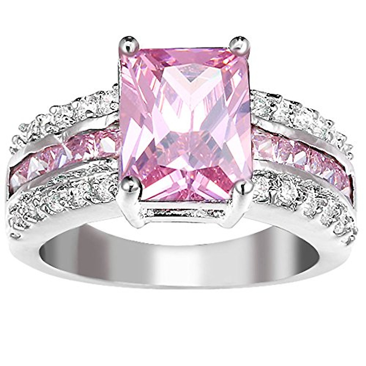 XAHH Womens Platinum Plated Pink Solitaire CZ Crystal Square Cut Ring Engagement Wedding Band 8