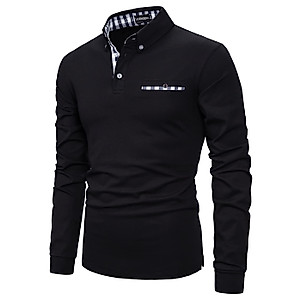 LUJENGEFA Mens Polo Shirts Long Sleeve Casual Plaid Collar Golf Shirt for Men Slim Fit Cotton Polo T Shirts Top B-Black Large