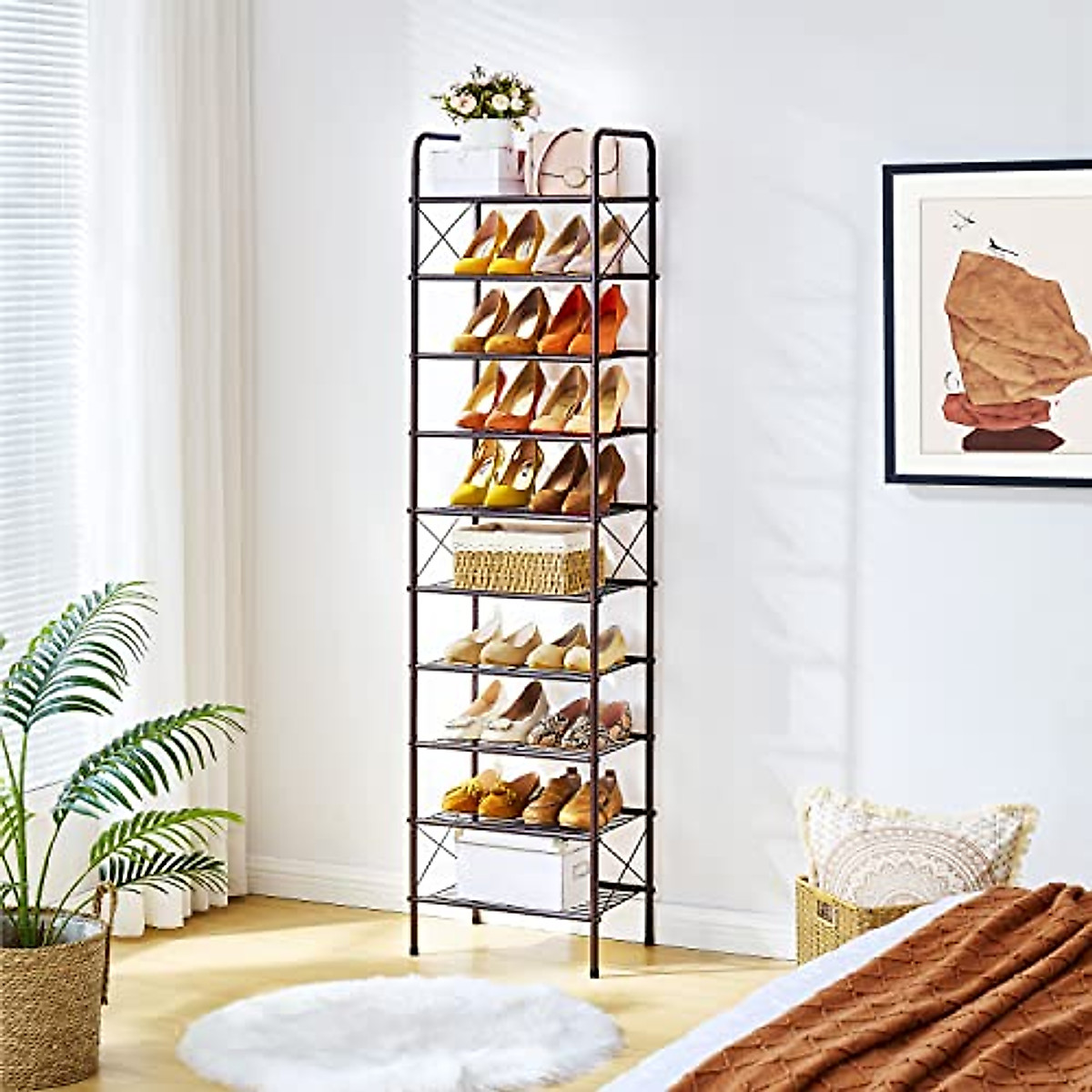 Tajsoon 10-Tier Shoe Rack Organizer, Narrow Shoe Rack for Closet Entryway, Metal Mesh Shoe Storage Shelf with X Shape Fixed Frame, Bronze