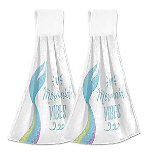 Alaza 2 Pcs Kitchen Towel, Cartoon Style Cute Mermaid Tail Absorbent Towel Hanging Towel Hand Towel