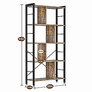 VECELO Home Office 5-Tier Bookshelf and Chair Set, Industrial Book Shelf with Ergonomic Lumbar PU Padded Chairs for Task Work, Black and Brown