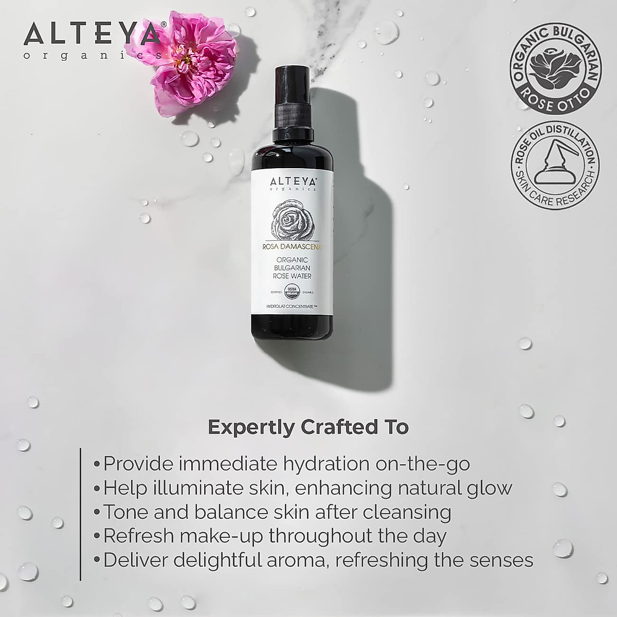 Alteya Organics Rose Water USDA Certified Organic Facial Toner, 3.4 Fl Oz/100mL Pure Bulgarian Rosa Damascena Flower Water, Award-Winning Moisturizer Miron Biophotonic Glass Spray Bottle