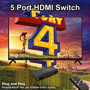 RuiPuo 5Por tHDMI Switcher, HDMI Selector 5 in 1 Out with PIP Function and IR Wireless Remote Control for Fire Stick, Xbox, PS3/4, Roku, Apple TV and DVD Players ect Support 4K, 3D Ultra HD