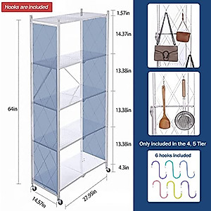 Letusto Foldable Collapsible Shelf with Wheels & Breaks - Folding Shelf Heavy Duty Metal Frame Pantry Shelving Unit - Origami Bookcase - No Assembly Bookshelf (White, 5 Tier)