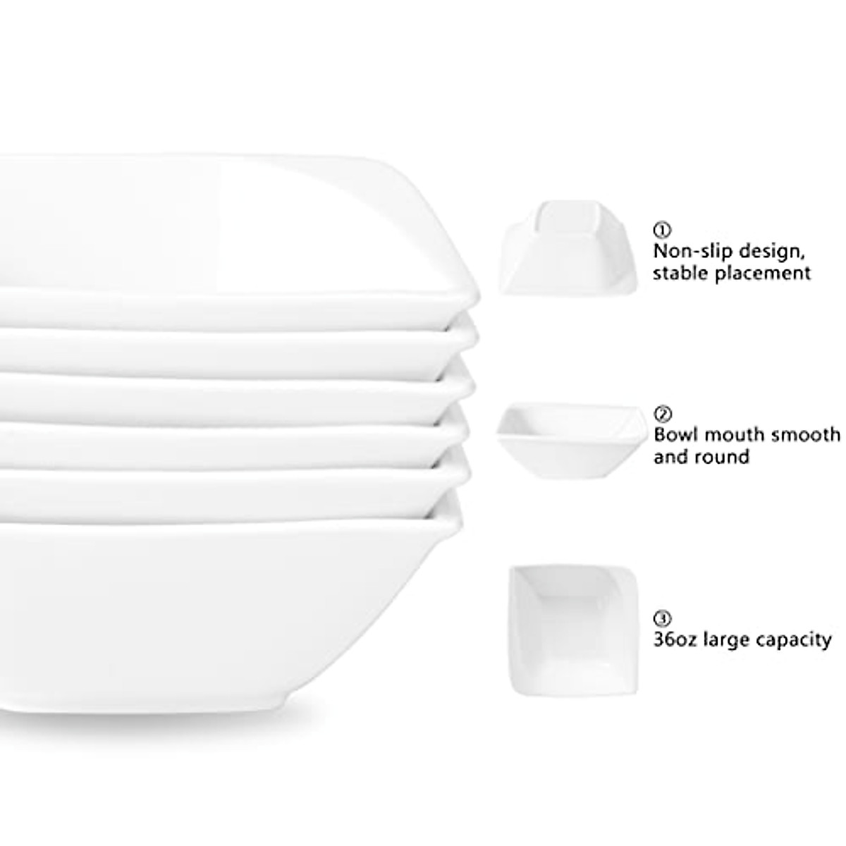 HAPPY KIT White Large Soup Bowls for Eating Set of 6 - Square 36oz Deep Ceramic Salad Cereal Bowl, 7 inch Porcelain Serving Bowls for Kitchen Ramen Rice, Dishwasher & Microwave Safe