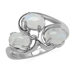 Silvershake Natural Rainbow Moonstone 925 Sterling Silver 3-Stone Cluster Ring Size 7.5