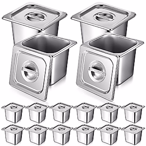 Rtteri 16 Pack 6 Inch Deep Stainless Steam Hotel Pans with Lid Commercial Steam Table Pans with Lids, Spoon and Clips Catering Food Pans for Hotel Restaurant Buffet Supplies (1/6 Size)