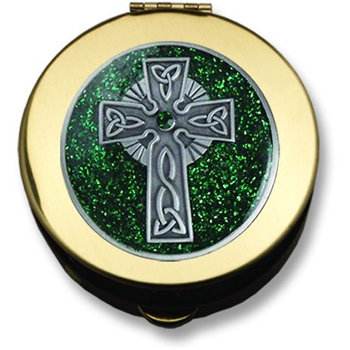 Cathedral Art PS451 Polished Brass PYX - Green Celtic Cross - Small