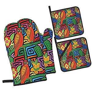 Mola De Panama Oven Mitts and Pot Holders Sets for Kitchen - Heat Resistant BBQ Oven Gloves - Polyester Printing Non-Slip Surface Set of 4