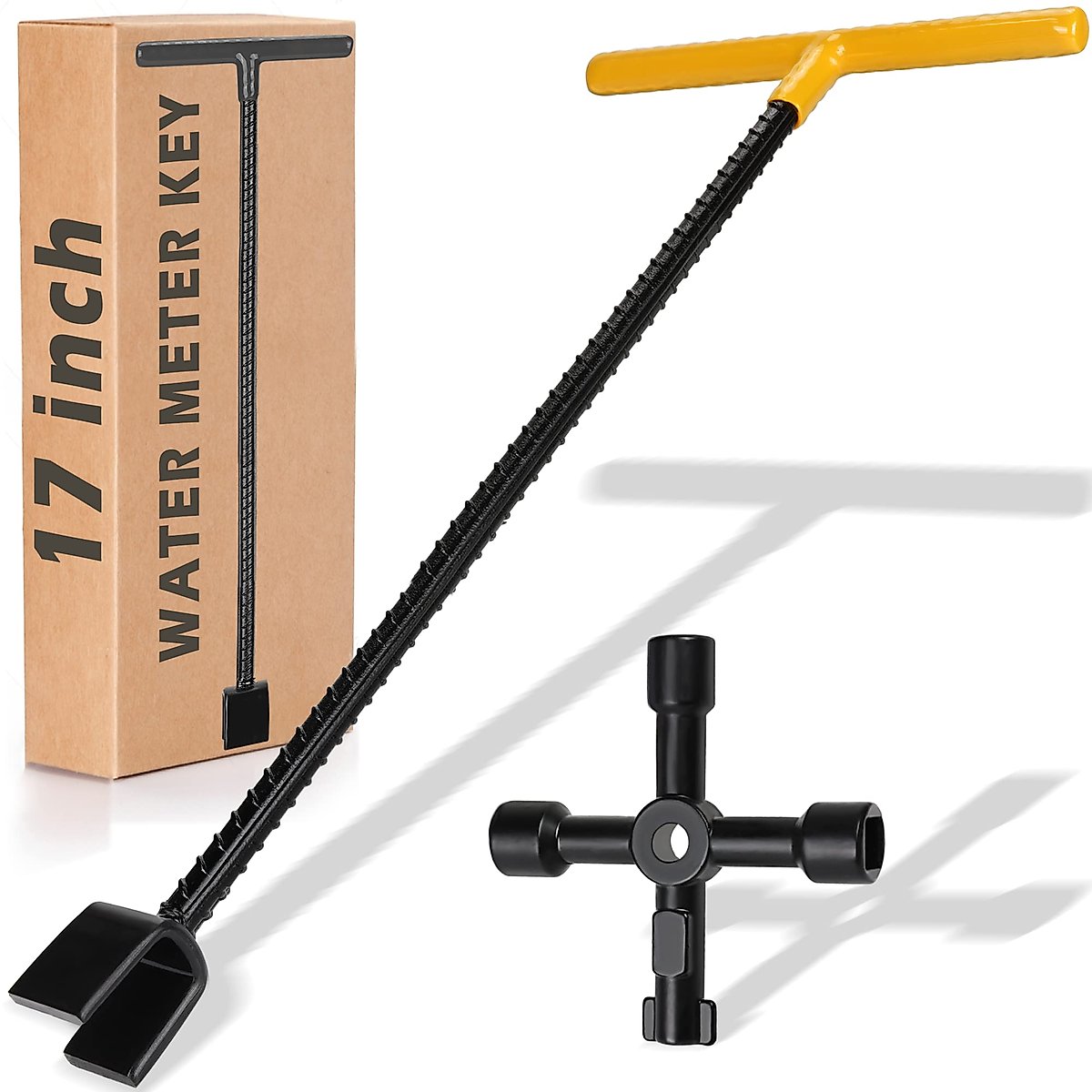 Winisok 17 Inch Water Meter Key With 4-Way Multi-Functional Utilities Key, Enforced Rebar Water Shut Off Tool Wrench T-handle for Curb Main and Water Meters, Underground Stop or Waste Valves
