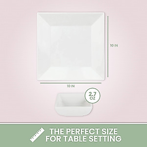 CHEFQ [4 Pack] 10" x 10" White Square Melamine Plates, Unbreakable Elegant Dinnerware Set With Sauce Dish