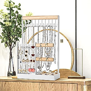 Jewelry Organizer Stand Necklace Holder, 4 In 1 Jewelry Holder with Earring Organizer and Removable Ring Tray, Double-Side 20 Hooks Jewelry Stand for Necklaces Earrings Bracelets Bangles Watches Rings