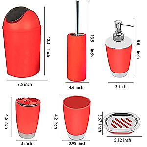 YUOP Luxury Bath Sets Lotion Dispenser,Toothbrush Holder, Bathroom Tumblers, Soap Dish, Trash Can, Toilet Brush Set Bathroom Accessories Set (Red)