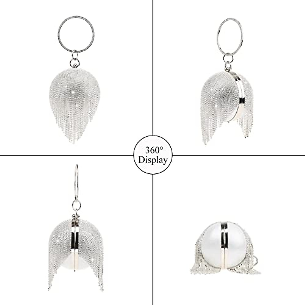 GUOZI Womens Round Ball Crystal Evening Clutch Purse with Tassel, Glitter Rhinestones Crossbody Shoulder Handbag for Wedding Party