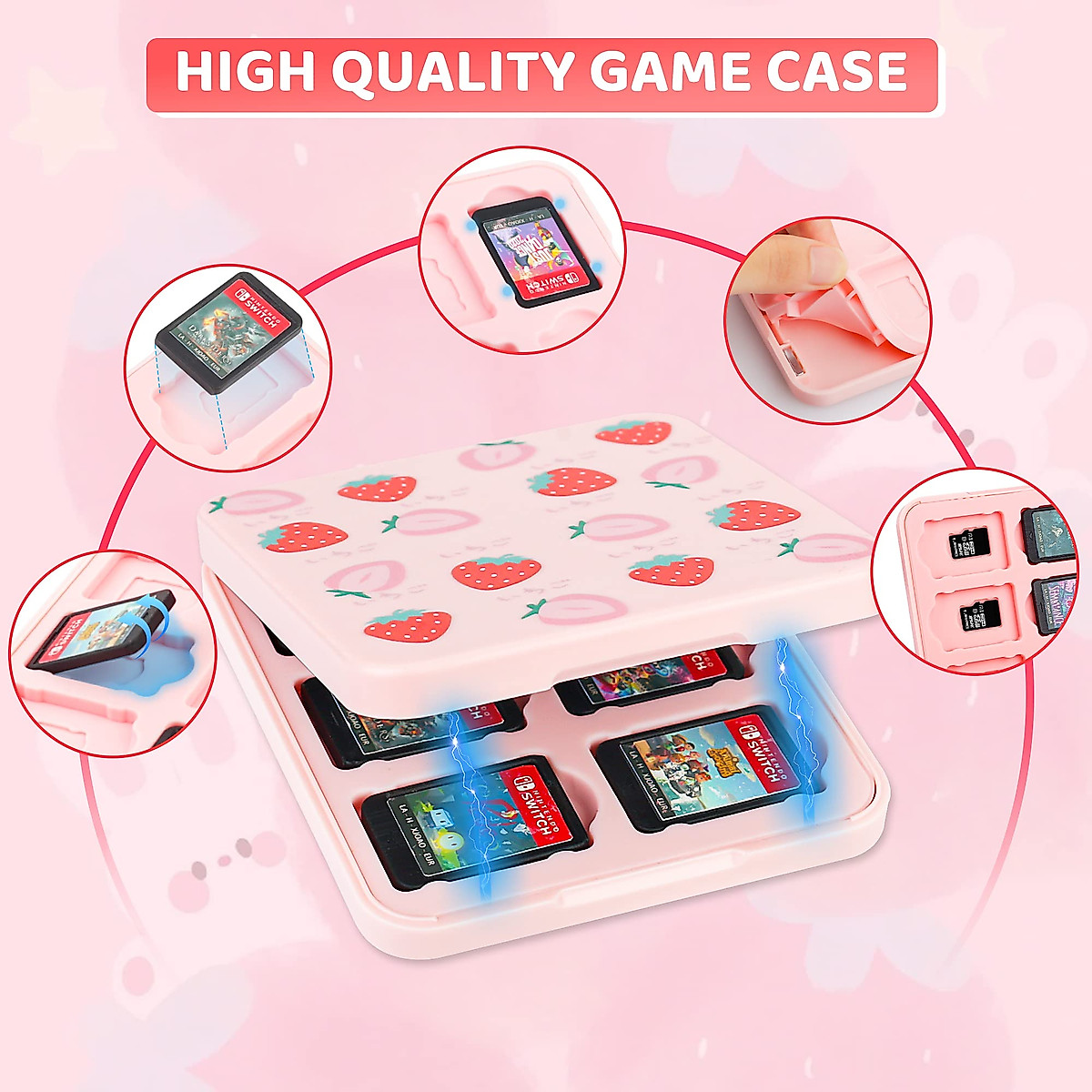 RHOTALL Cute Carrying Case for Nintendo Switch & Switch OLED Cover, Hard Portable Travel Case for Switch Accessories with Game Case, 2 Joy Con Shell, Shoulder Strap, and 2 Thumb Caps - Pink Strawberry