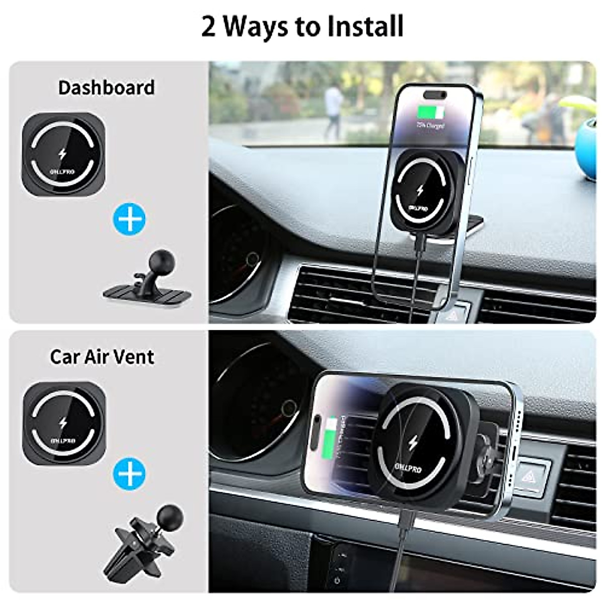 OHLPRO Magnetic Wireless Car Charger Mount, Compatible with MagSafe Car Charger 15W Fast Charging Air Vent Mount Clip or Stick on Dashboard,for iPhone 14/13/12 Series Phone Holder