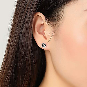 925 Sterling Silver Paw Earrings for Women - Cute Tiny Jewelry Black Enamel Puppy Dog and Cat Paw Print Stud Earrings for Pet Lovers