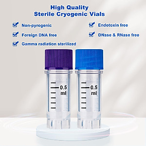 CryoKING 0.5ml Cyogenic Vials, Cryogenic Vials with External Thread Blue Caps, Sterile Vials with Self-Standing Bottom, No Bottom Code, with Side Barcode, Bag of 25
