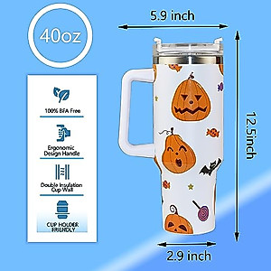 QEAGVJ Halloweeen 40oz Tumbler With Lid and Straw Stainless Steel 40oz Halloween Spooky Pumpkin Tumbler Cup with Handle,Halloween Tumbler Cups,Insulated Spooky Travel Coffee Mug…