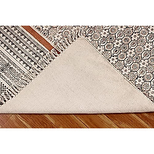 Casavani Hand Block Printed Tassels Throw Rugs Brown, Black Geometric Area Rug Doormat Floor Rug Indoor Area Rugs for Bedroom Living Room Laundry Room 3x10 Feet Runner