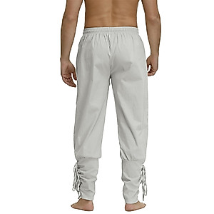 Men's Ankle Banded Cuff Renaissance Pants Medieval Viking Navigator Trousers Pirate Cosplay Costume with Drawstrings White-2XL