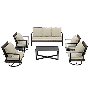 RoyalCraft 7PCS Rattan Patio Conversation Set with Swivel Chair and Coffee Table, All Weather Outdoor Sofa with Removable Cushions & Metal Frame, Rocking Chairs for Lawn Garden Backyard, Beige