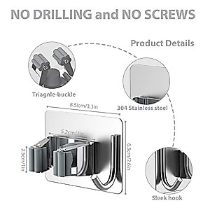 Mop Broom Holder No Drill SUS304 Stainless Steel, HOMEASY Mop Broom Organizer Wall Mounted Heavy Duty with Hooks Hanger, Storage Rack Self Adhesive 4Pcs for Bathroom, Kitchen, Office, Silver