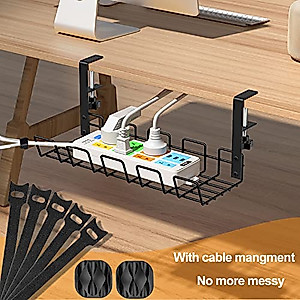 SLLFLY Under Desk Cable Management Tray,Wire Management Tray, Desk Organizers and Storage,No Drill Steel Desk Cable Organizers,Desk Cable Management,Cord Management,Under Desk Organizer(Black)