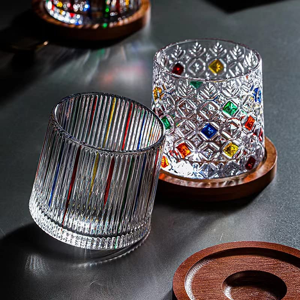 Jarler Wine Glass Crystal Whiskey Glasses Spinning Rocks Glasses with Rotatable Coaster, 9.2 Oz Hand Painted Colorful Old Fashioned Glass, Bar Tequila Glasses (Stripes, 1)