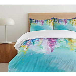Ambesonne Flower Duvet Cover Set, Abstract Ivy Romantic and Landscape Spring Floral Art Nature Theme, Decorative 3 Piece Bedding Set with 2 Pillow Shams, King Size, Turquoise Purple