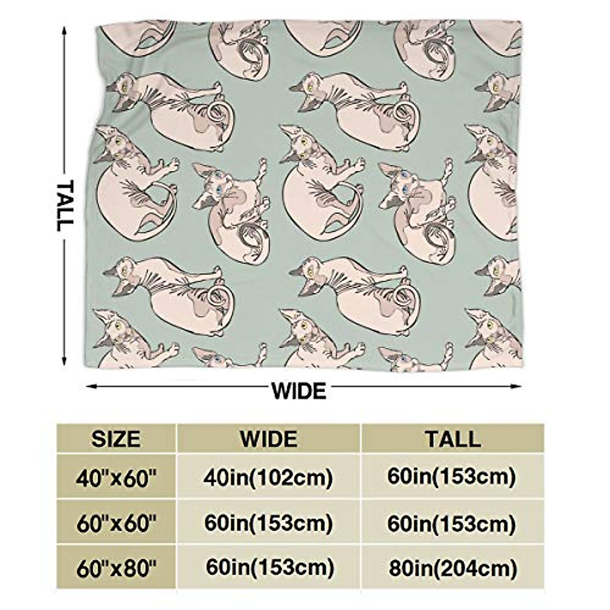 Hairless Naked Cats Sphynx Cats Mint Green Couch Blanket ,Fleece Throw Blanket Super Soft Warm Therma Plush Bed Couch Living Room