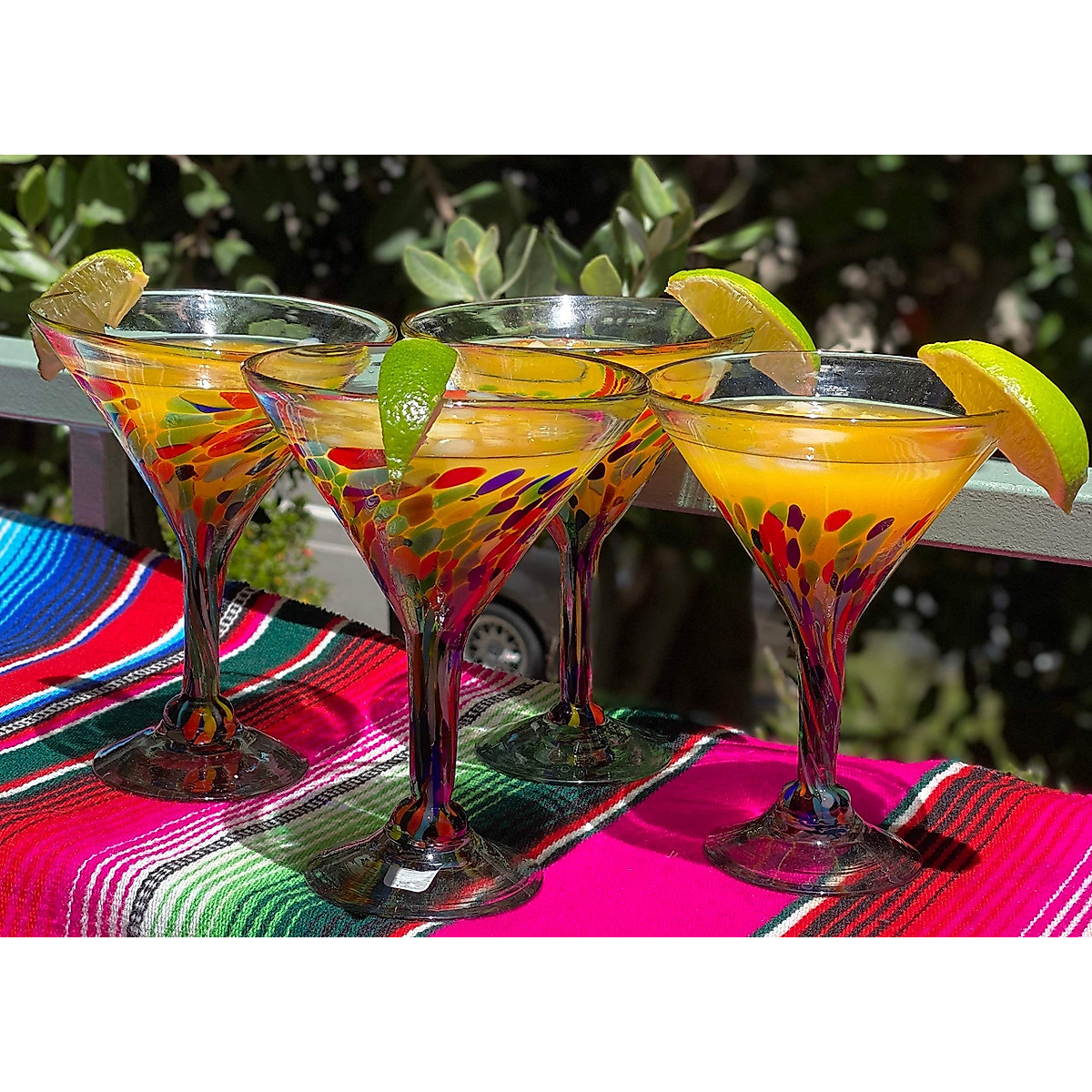 Dos Sueños Mexican Hand Blown Glass – Set of 4 Hand Blown Modern Margarita Glasses - Confetti Carmen (12 oz)