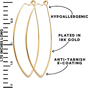 Humble Chic Geometric Marquise Threader Hoops - Hypoallergenic 18K Gold Plated Medium Hoop Earrings for Women - Lightweight Oval Leaf Elliptical Loop Statement Drop Dangles, 1.75" inch - 18K Yellow