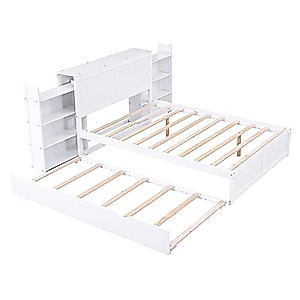 BIADNBZ Full Size Storage Platform Bed with Pull Out Shelves and Twin Size Trundle, Wooden Bedframe with Headboard, for Kids Teens Adults Bedroom, White