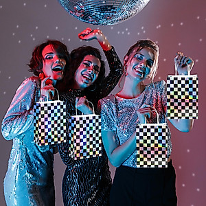 16Pcs Iridescent Checkered Race Car Party Favor Bags, Black and Iridescent Car Goodie Bags with Handles, Laser Plaid Kraft Paper Candy Gift Treat Bags for Kids Fast Race Car Birthday Party Decorations