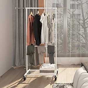 Simple Trending Standard Clothing Garment Rack, Rolling Clothes Organizer with Wheels and Bottom Shelves, Extendable, White