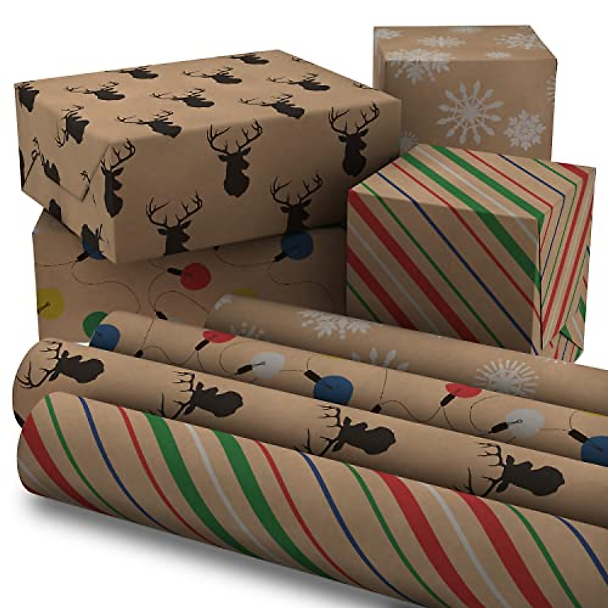Hallmark Recyclable Christmas Wrapping Paper for Kids with Cut Lines on Reverse (4 Rolls: 88 sq. ft. ttl) Kraft Brown with Christmas Lights, Deer, Snowflakes, Red, Green, Blue Stripes