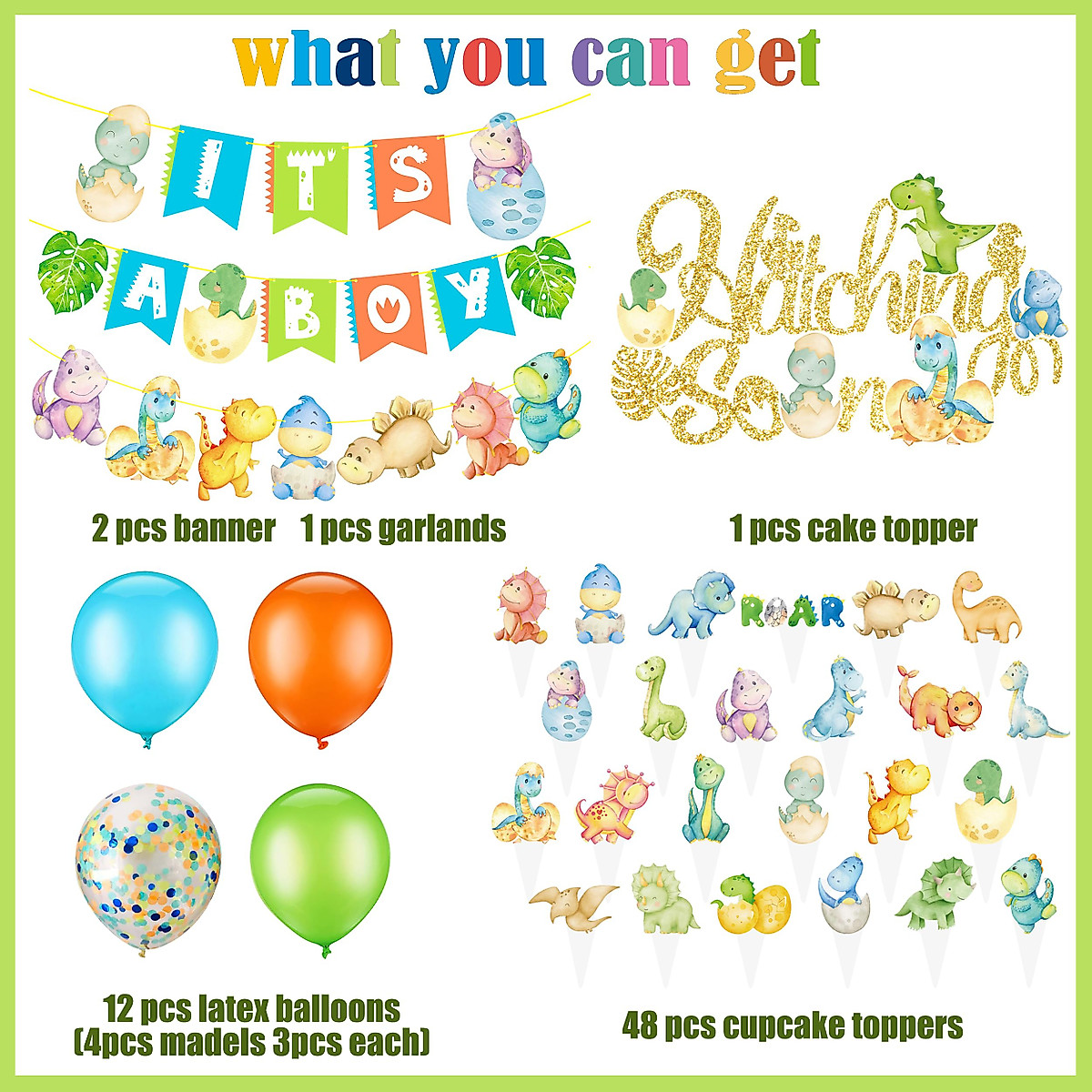 Dinosaur Baby Shower Decoration for Boy Dinosaur It's A Boy Banners Dinosaur Theme Hatching Soon Cake Cupcake Toppers Balloons for Dino Theme Birthday Pregnancy Celebration Party Decorations