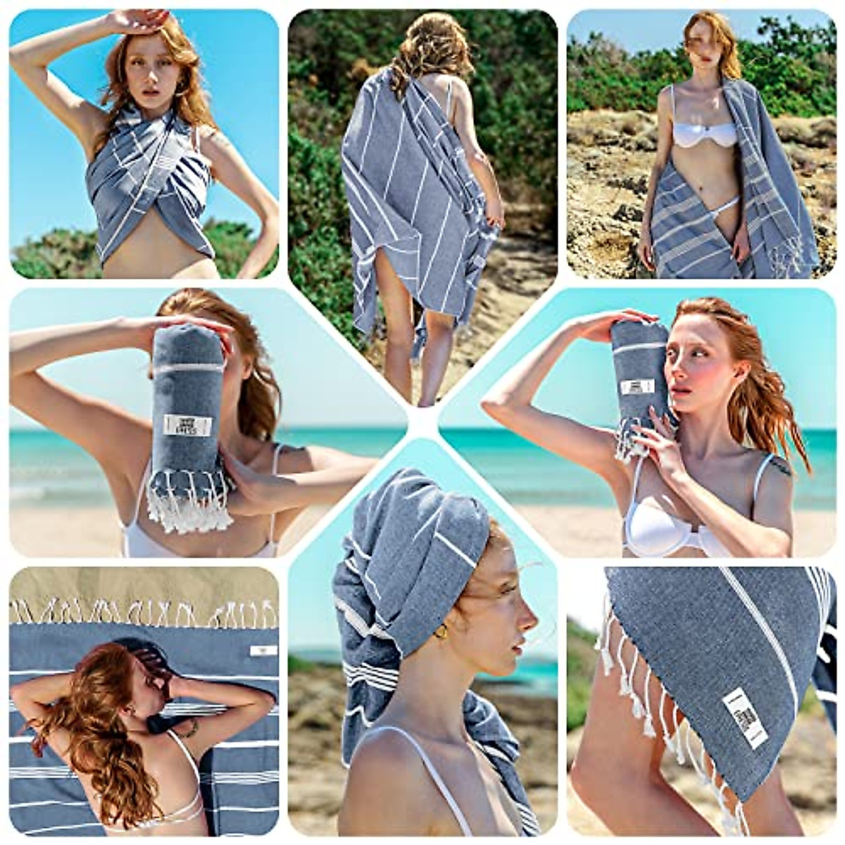EPHESUS TOWELS Turkish Beach Towel - Turkish Cotton - 39x71 inch Oversized - Turkish Towel for Beach, Bath, Pool, Gym, Yoga - Prewashed, Lightweight, Quick Dry (Dark Blue, New Sultan Pack 1)