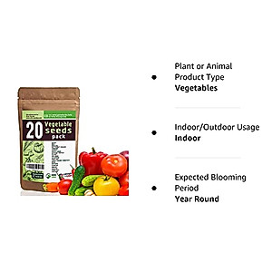 20 Vegetable Seeds Variety - USA Grown for Indoor or Outdoor Garden - Heirloom and Non GMO - Tomatoes, Zucchini, Peppers, Eggplant, Carrot, Cauliflower, Pumpkin, Celery, Radish and More