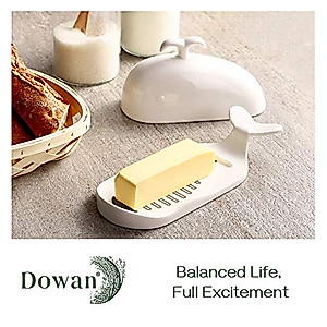DOWAN Porcelain Butter Dish With Cutting Measuring Line, Large Whale Butter Dish with Cover of Non-slip Design, Ceramic Butter Dishes with Handle for East/West Coast Butter, White